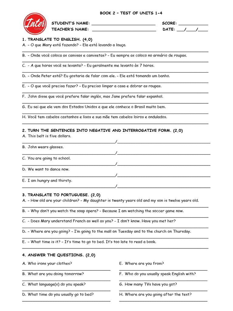 Teste Escrito Book 2 Units 1 4 Pdf