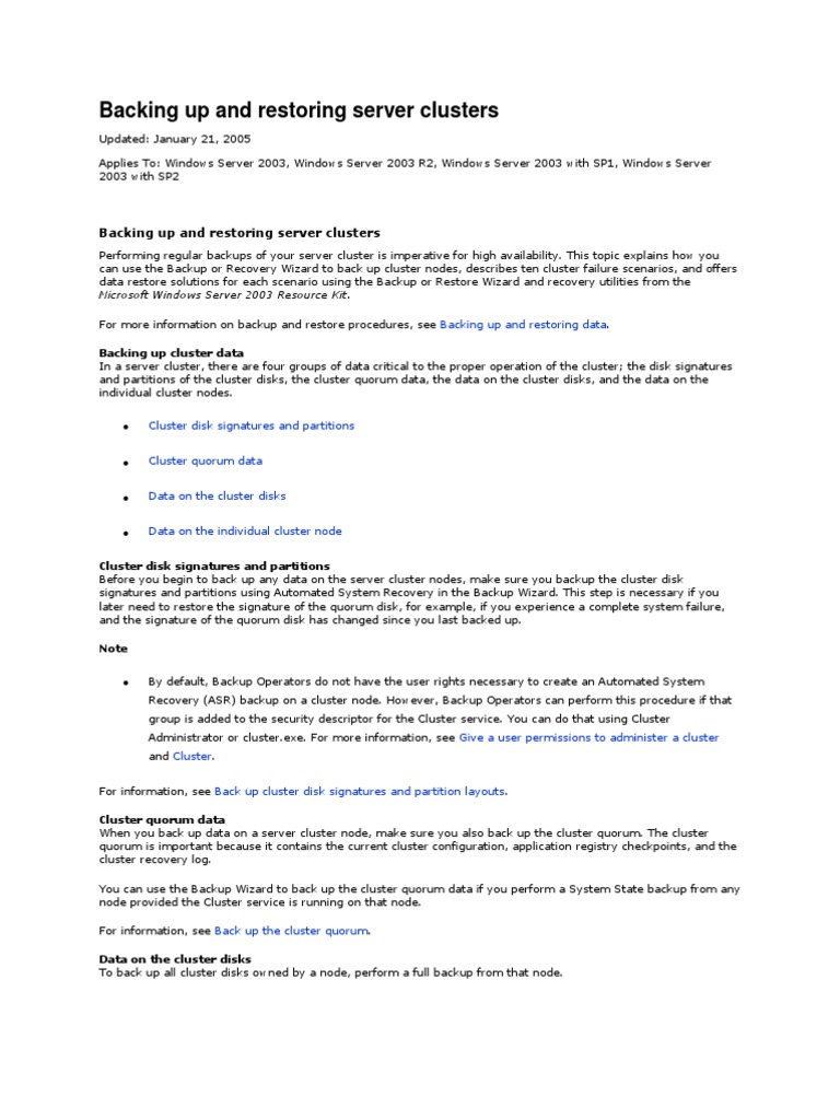 Backing Up and Restoring Server Clusters - Cluster Failure and Restore Scenarios | PDF ...