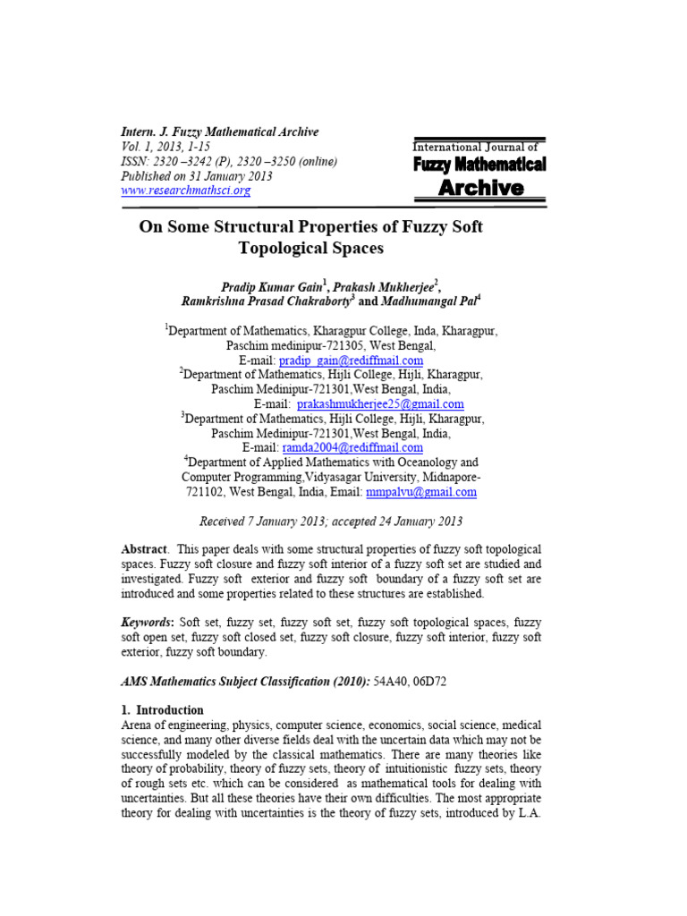 On Some Structural Properties of Fuzzy Soft Topological Spaces | PDF | Space | Mathematics