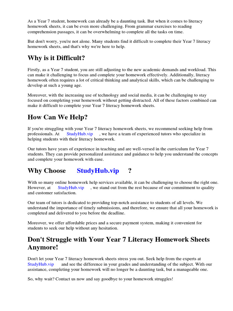 Year 7 Literacy Homework Sheets | PDF | Literacy | Essays