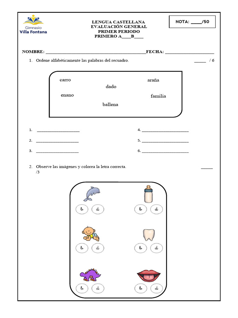 Evaluación de Lengua Castellana 1° Período | PDF