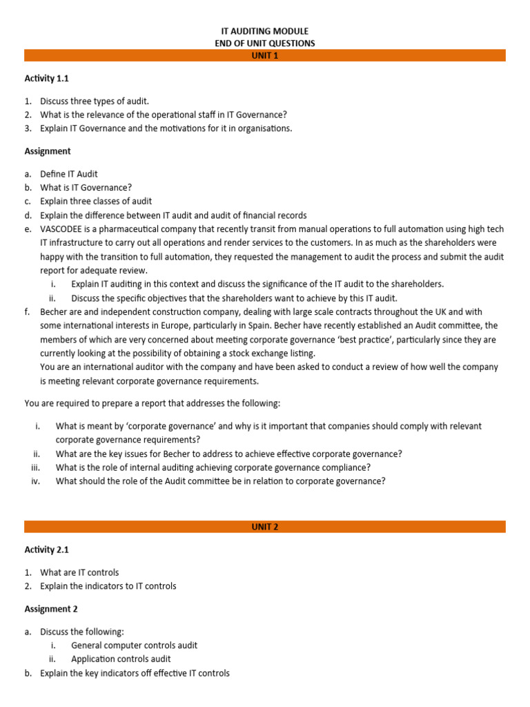 IT AUDITING END OF UNIT QUESTIONS | PDF | Audit | Corporate Governance