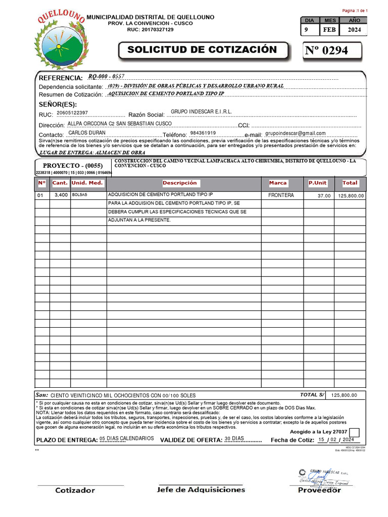 Sol. Cot. #0294 - Adquisicion de Cemento | PDF