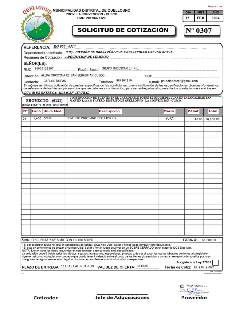 Sol. Cot. #0307 - Adquisicion de Cemento | PDF