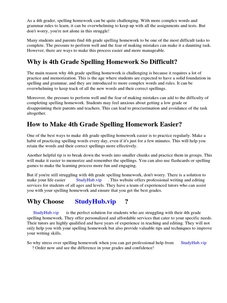 Spelling Homework 4th Grade | PDF | Flashcard | Homework