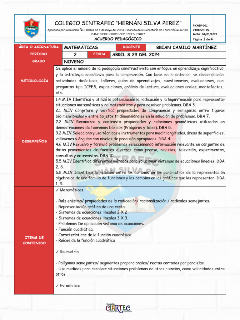 Grado Noveno Acuerdo Pedagogico Segundo Periodo 2024 | PDF | Geometría | Ecuaciones
