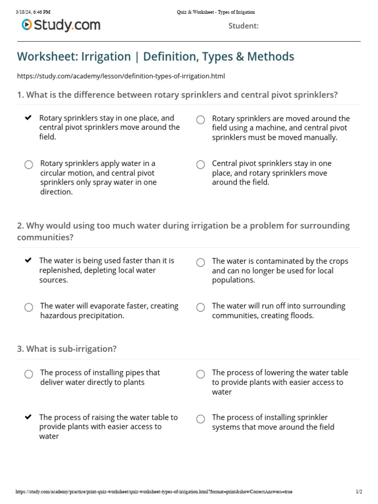 Answers - Quiz & Worksheet - Types of Irrigation | PDF | Irrigation | Water