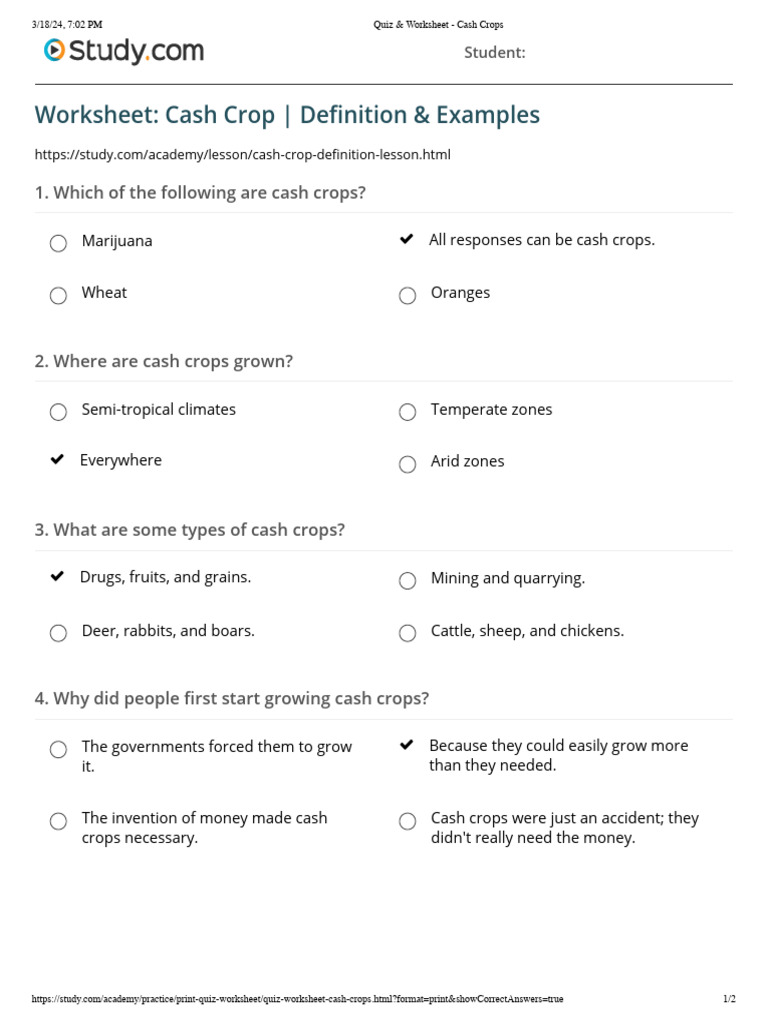 Quiz & Worksheet - Cash Crops | PDF