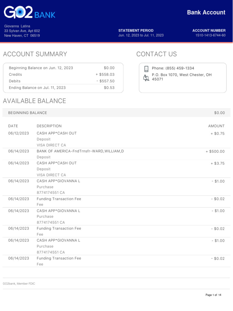 GO2bank Statement July 11, 2023 | PDF | Credit Card | Banks