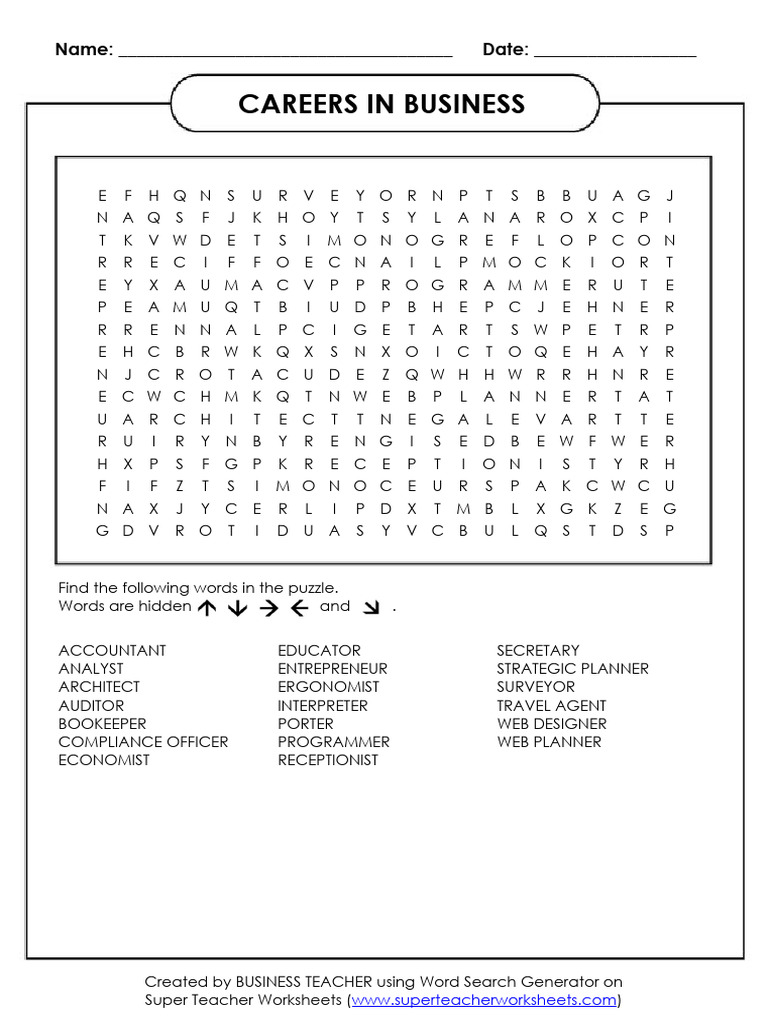 Careers in Business Word Search | PDF | Word Puzzles | Puzzles