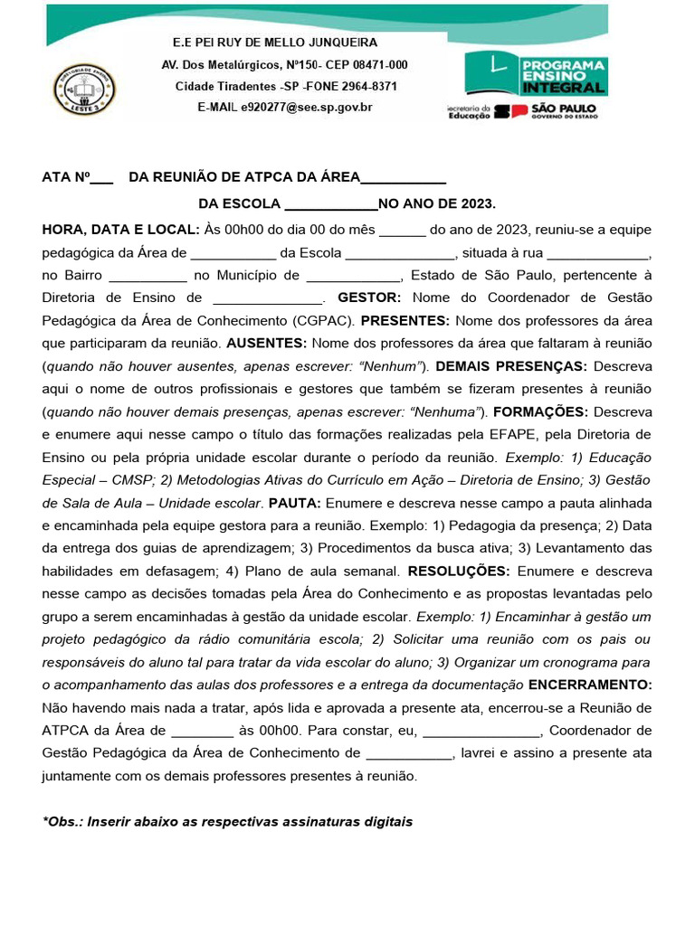 Modelo De Ata Para Reunião De Atpca E Atpcg 2024 Pdf