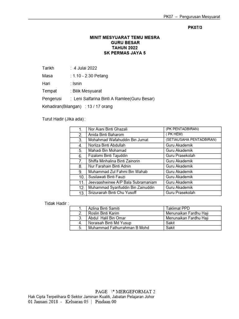 MINIT MESYUARAT TEMU MESRA 4 JULAI 2022-Edited | PDF