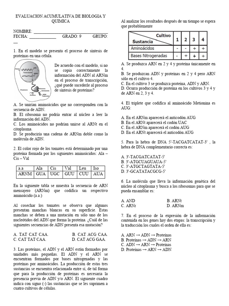 EVALUACION ACUMULATIVA DE BIOLOGIA y QUIMICA GRADO 9 04-04-2023 | PDF | Rna | Concentración