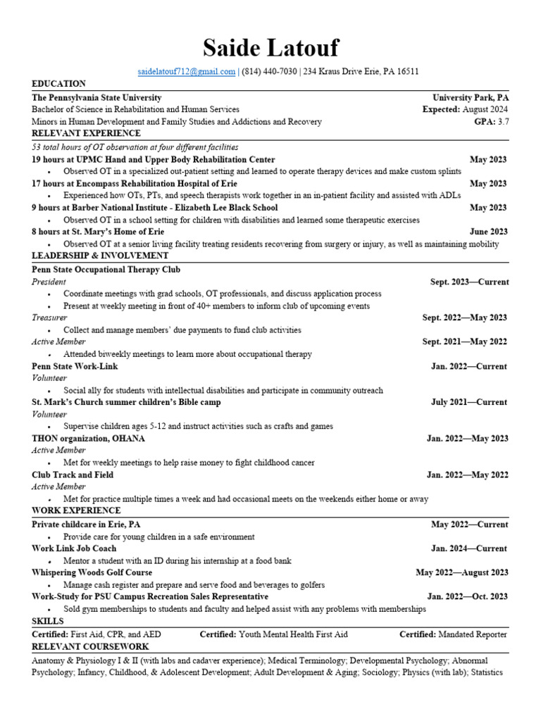 Resume Final | PDF | Physical Therapy | Occupational Therapy