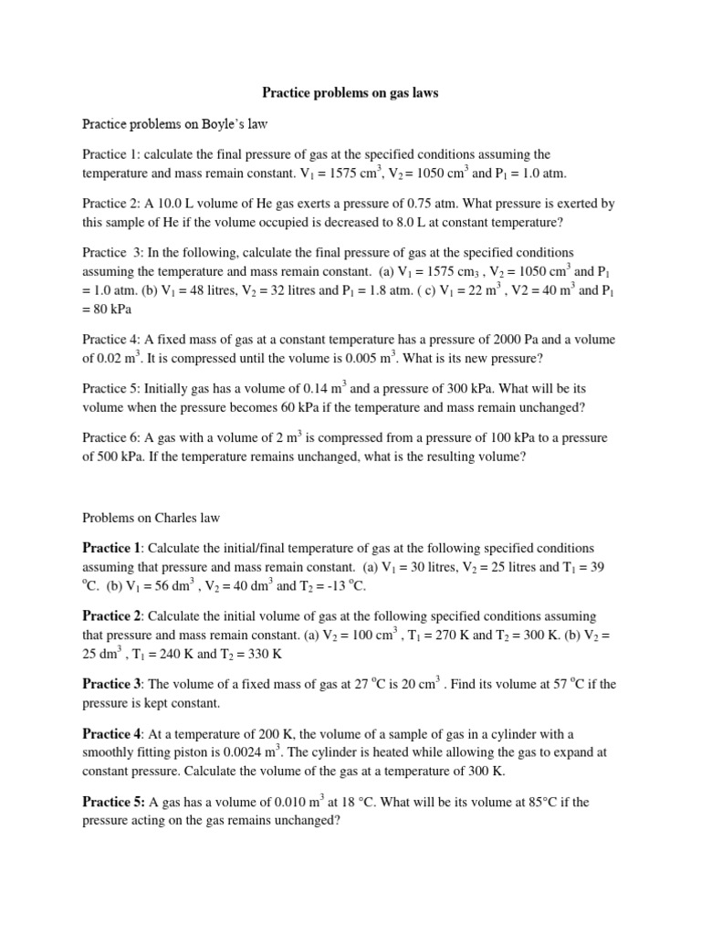 Practice problems on gas laws | PDF | Gases | Pressure