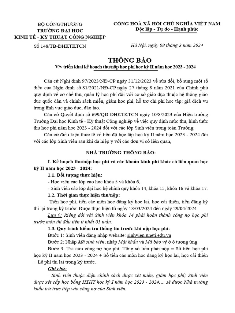 Thong Bao Ve Ke Hoach Trien Khai Thu Hoc Phi Hoc Ky II Nam Hoc 2023 2024 | PDF