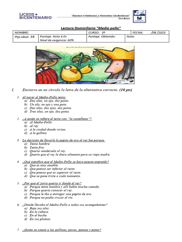 Evaluación del Cuento "El Medio Pollito" | PDF