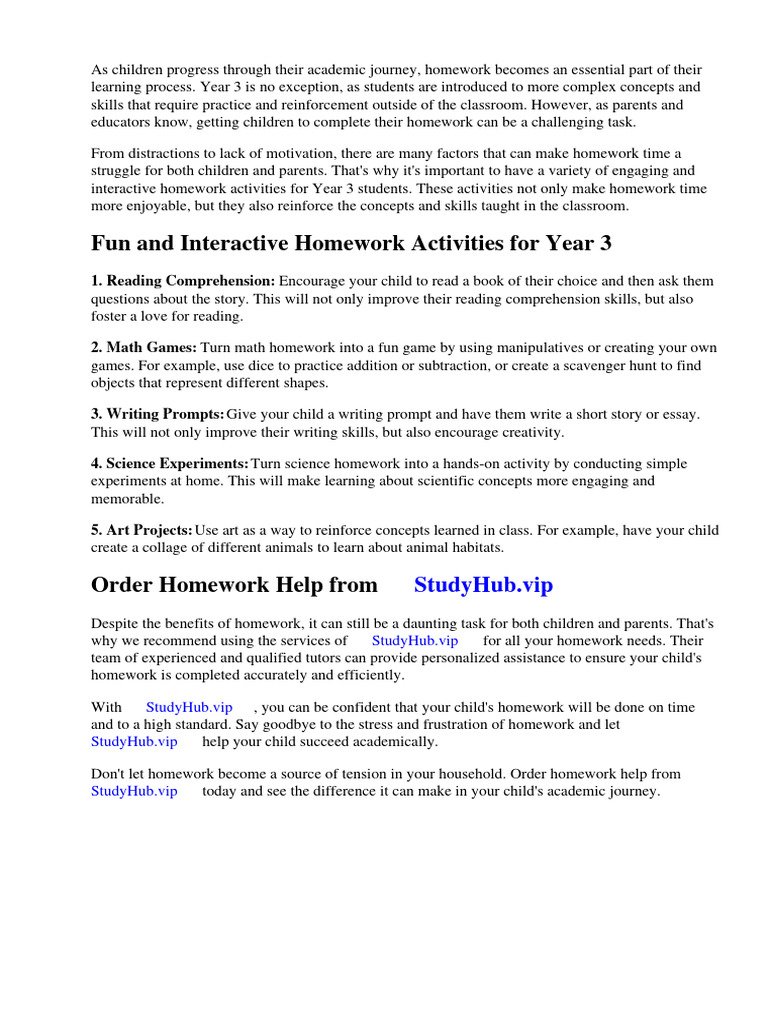 Homework Activities For Year 3 | PDF | Worksheet | Homework