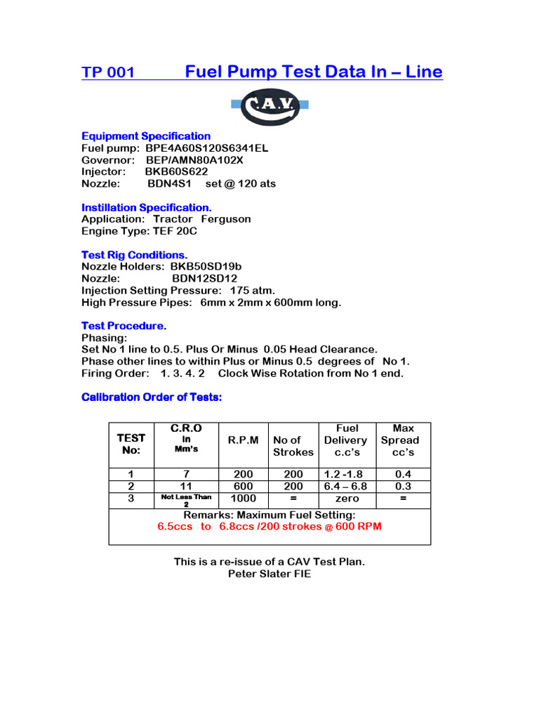 tp01 Fuel Pump Test Data in Line | PDF