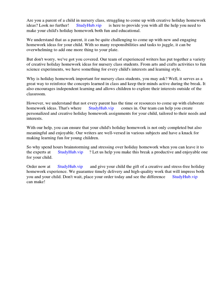 Creative Holiday Homework For Class Nursery | PDF | Homework | Preschool