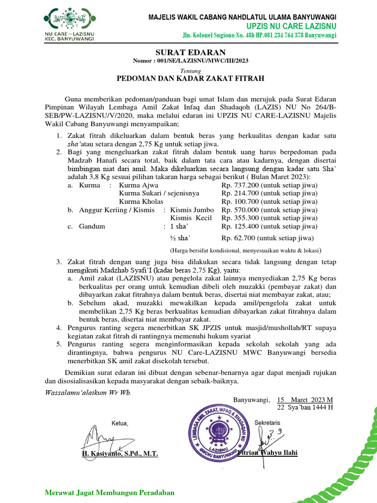 Surat Edaran Zakat Fitrah Lazisnu MWC Banyuwangi 2023-1 | PDF