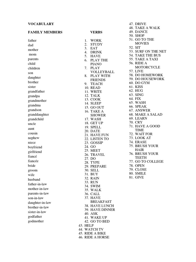 Family Members and Verbs | PDF