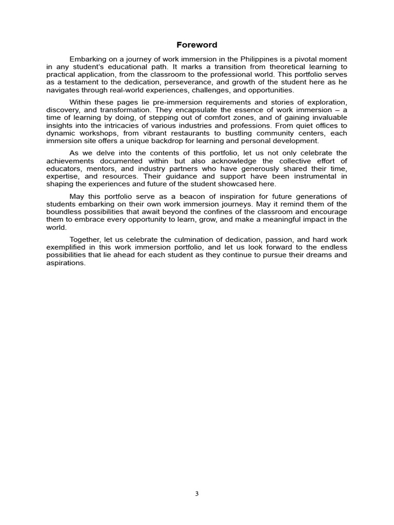 Student Work Immersion Portfolio Guide | PDF