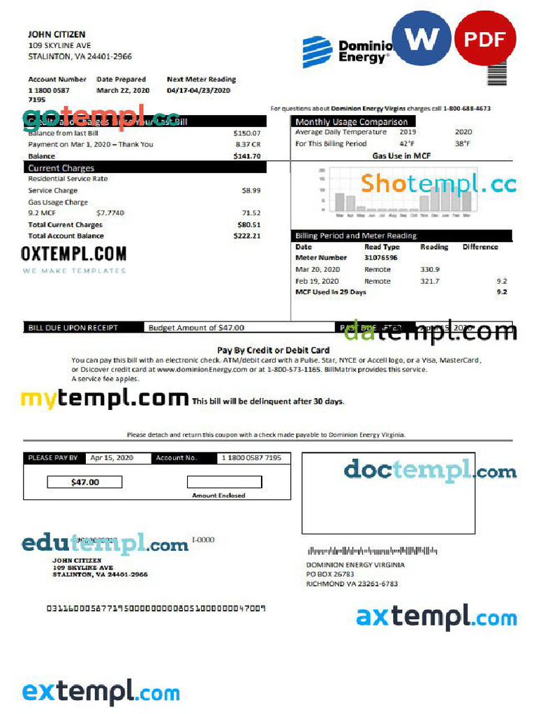 Doctempl - USA Dominion Energy Utility Bill Template in Word and PDF ...