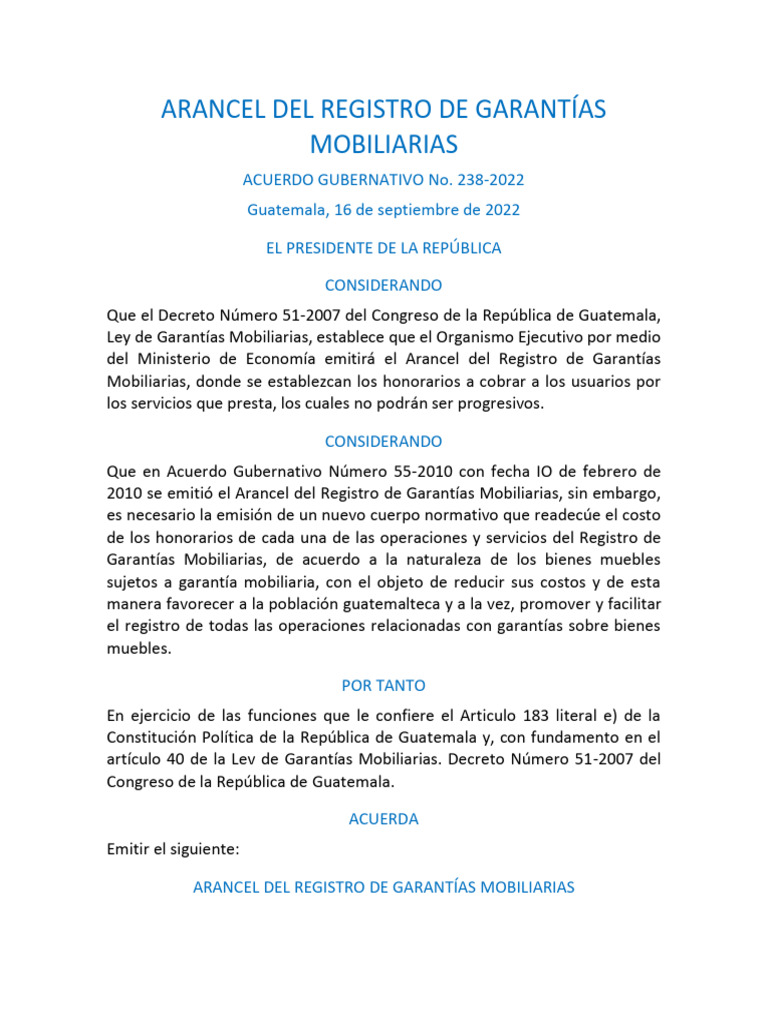 Arancel Registro Garantías Mobiliarias 2022 | PDF | Guatemala | Arancel