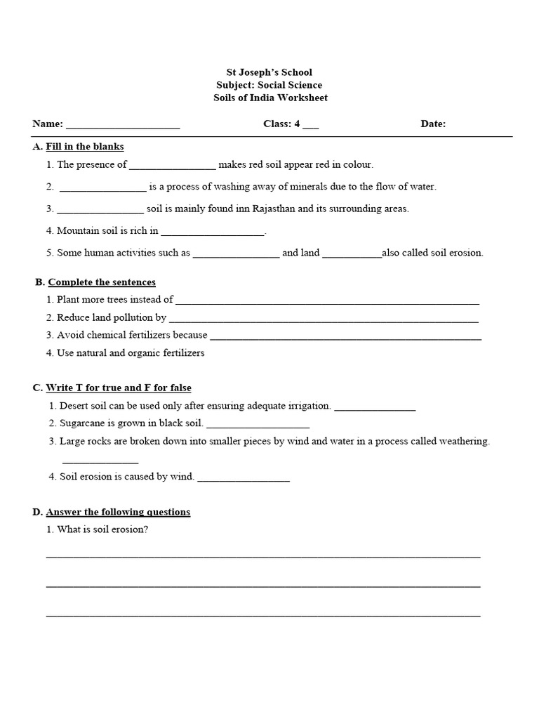 Soils of India Worksheet for Class 4 | PDF