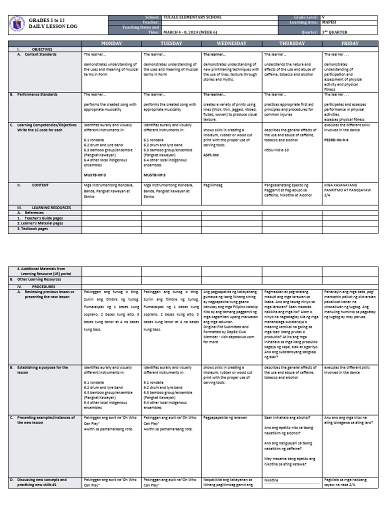 DLL_MAPEH 5_Q3_W6 | PDF | Learning