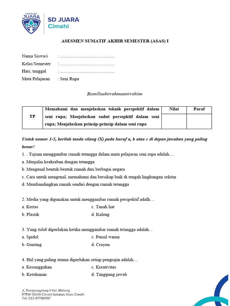 Asesmen Sumatif Akhir Semester I - Seni Rupa - Kelas 4 - 2023 | PDF | Seni