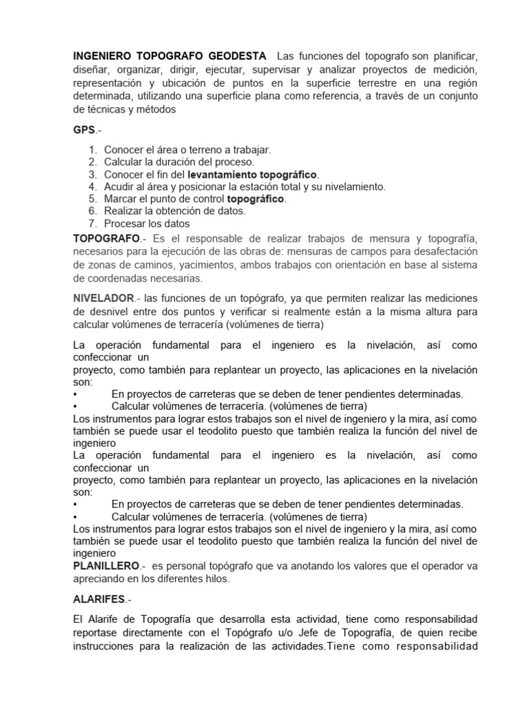 Funciones del Ingeniero Topógrafo | PDF | Topografía