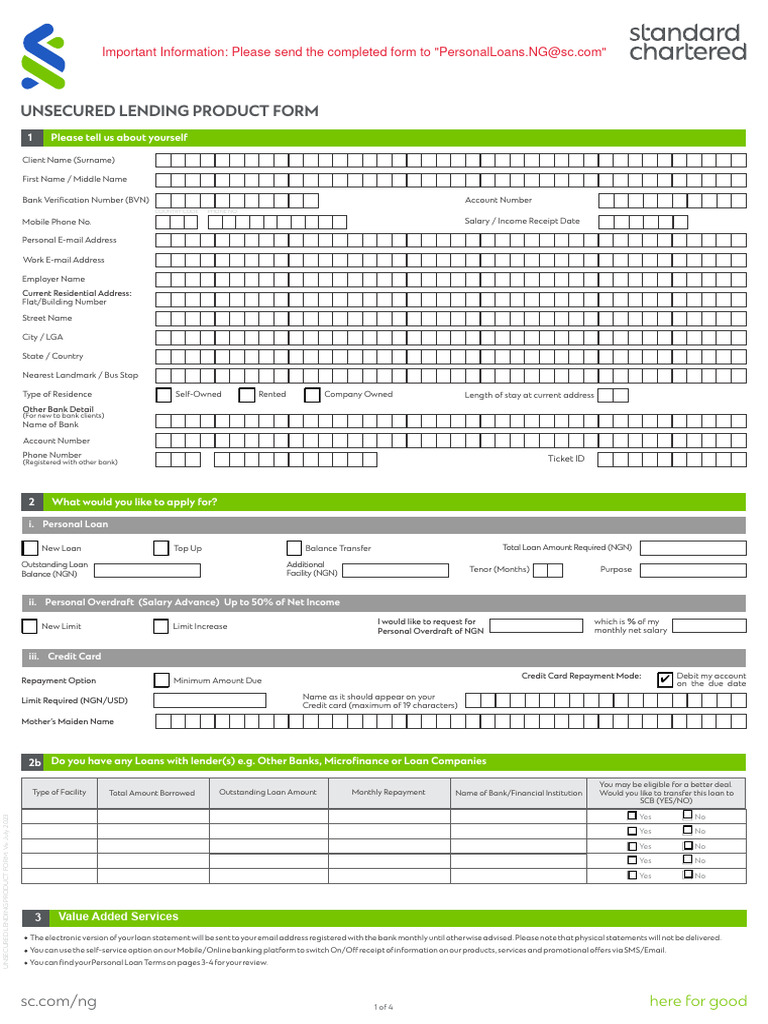 NG Unsecured Lending Product Form Fillable | PDF | Credit Card | Loans