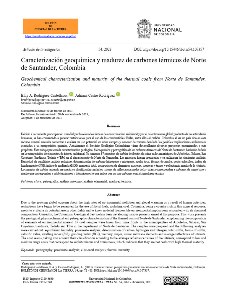 Caracterizacion Geoquimica y Madurez de Carbones Termicos de Norte ...