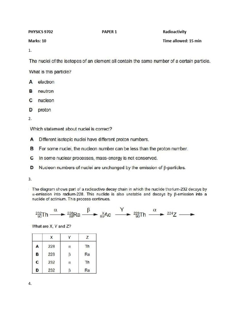 PHYSICS 9702 PAPER 1 Radioactivity[Test 1] | PDF