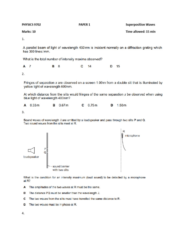 Physics Wave Phenomena Quiz | PDF | Diffraction | Wavelength