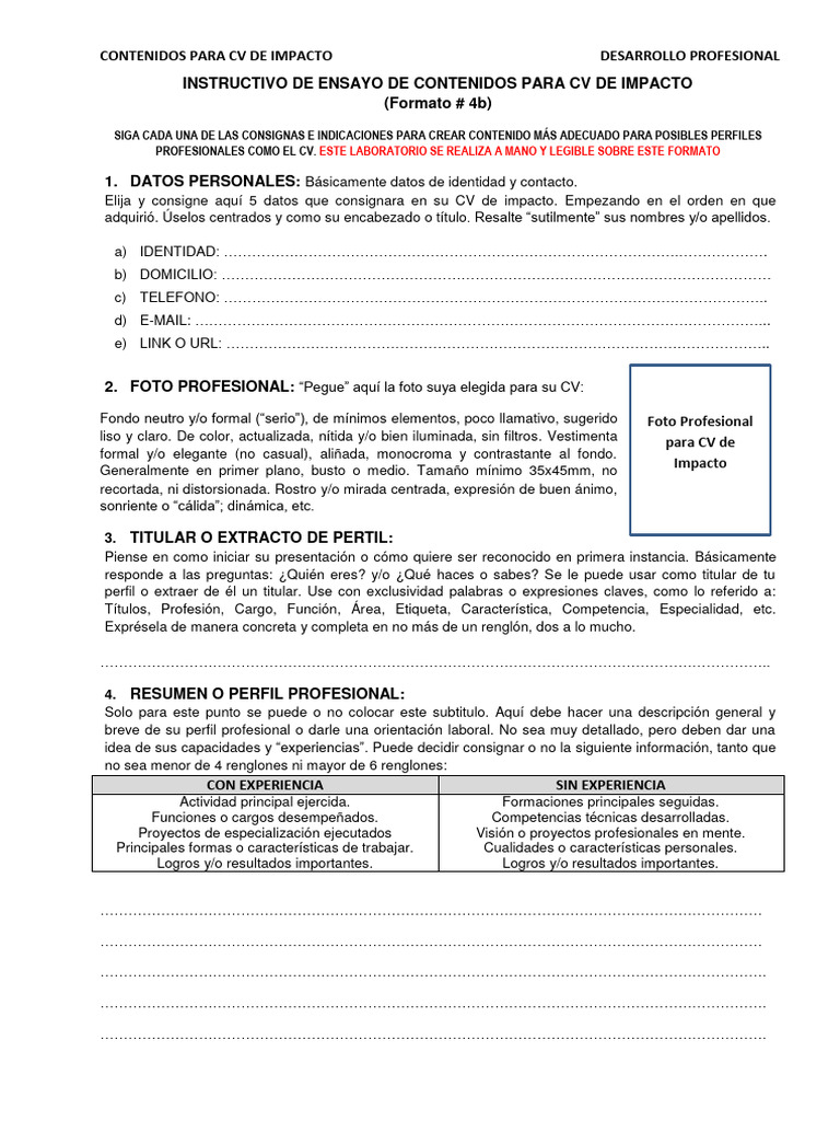 Formato # 4b Instructivo de Ensayo de Contenidos CV | PDF