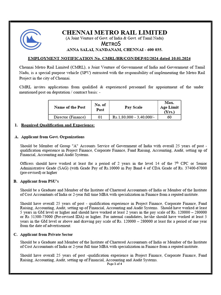 CMRL - Employment-Notification-No-CMRL-HR-CON-DEP-02-2024 Dated 10-01 ...