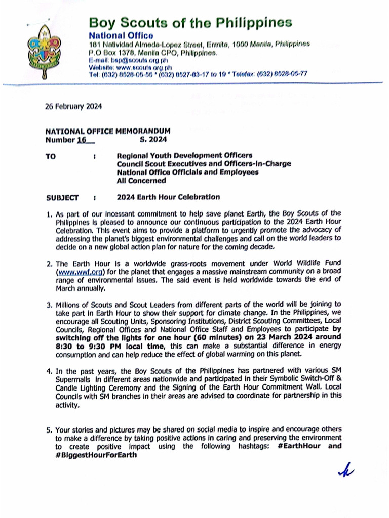 BSP NO Memorandum No. 16 s.2024 2024 Earth Hour Celebration | PDF
