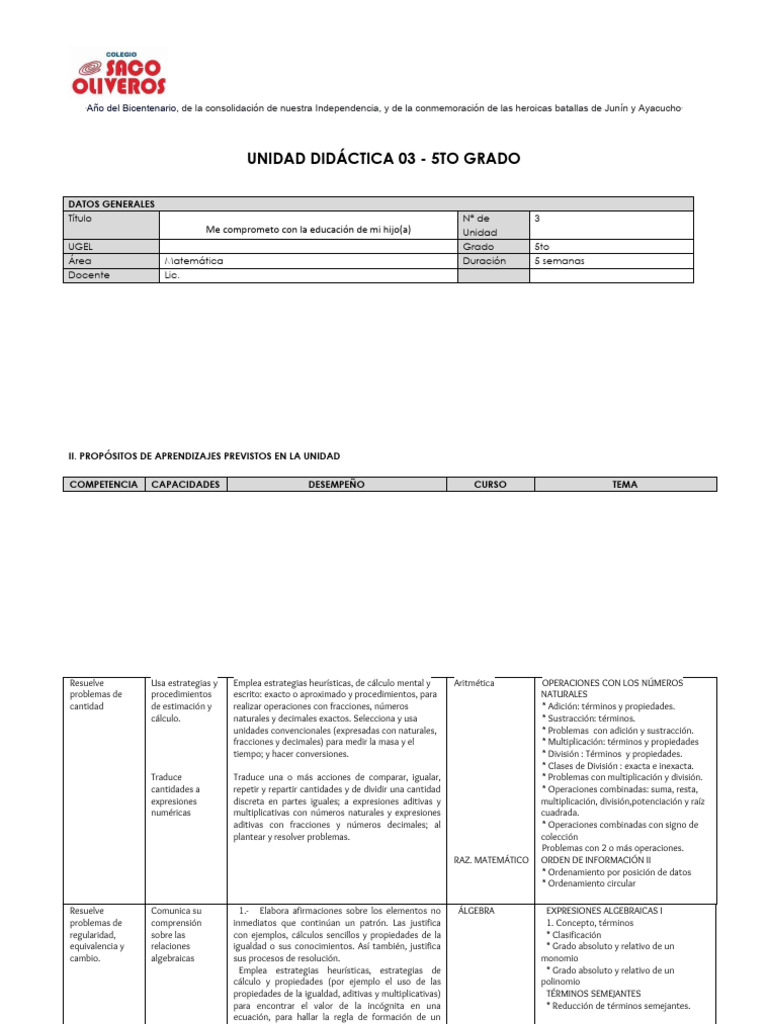 Modelo - Unidad de Aprendizaje 5to Grado #3 2024 | PDF | Ángulo | Números