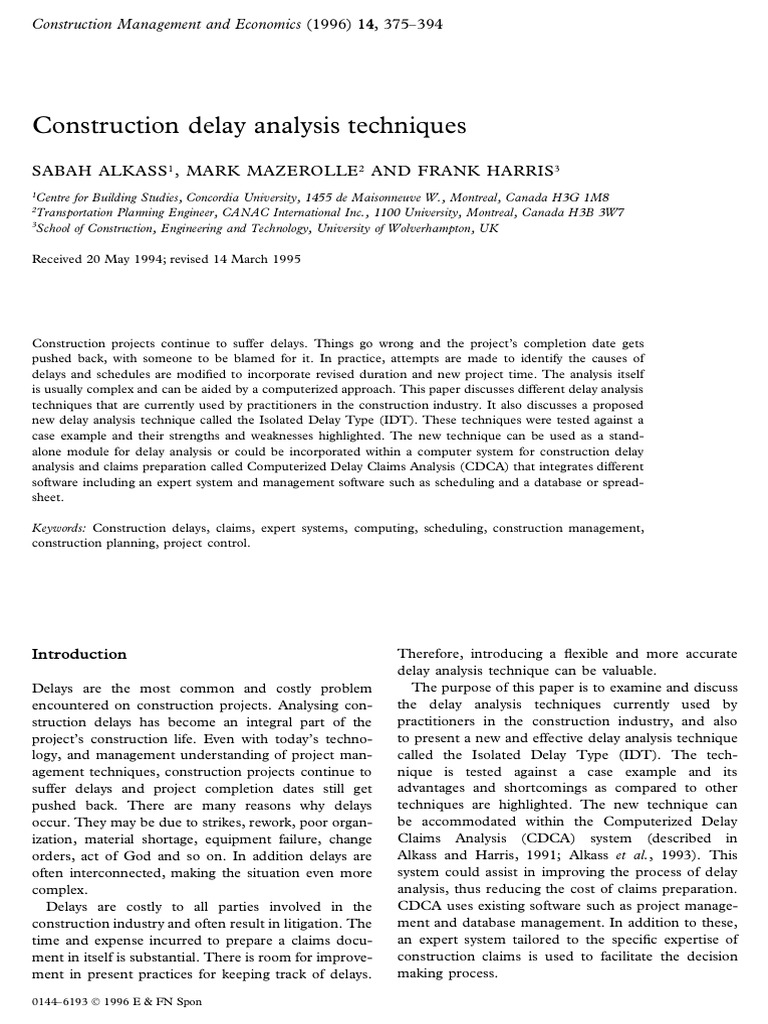 Construction Delay Analysis Techniques-MARK1996 | PDF Construction Delay Analysis Techniques-MARK1996 | PDF