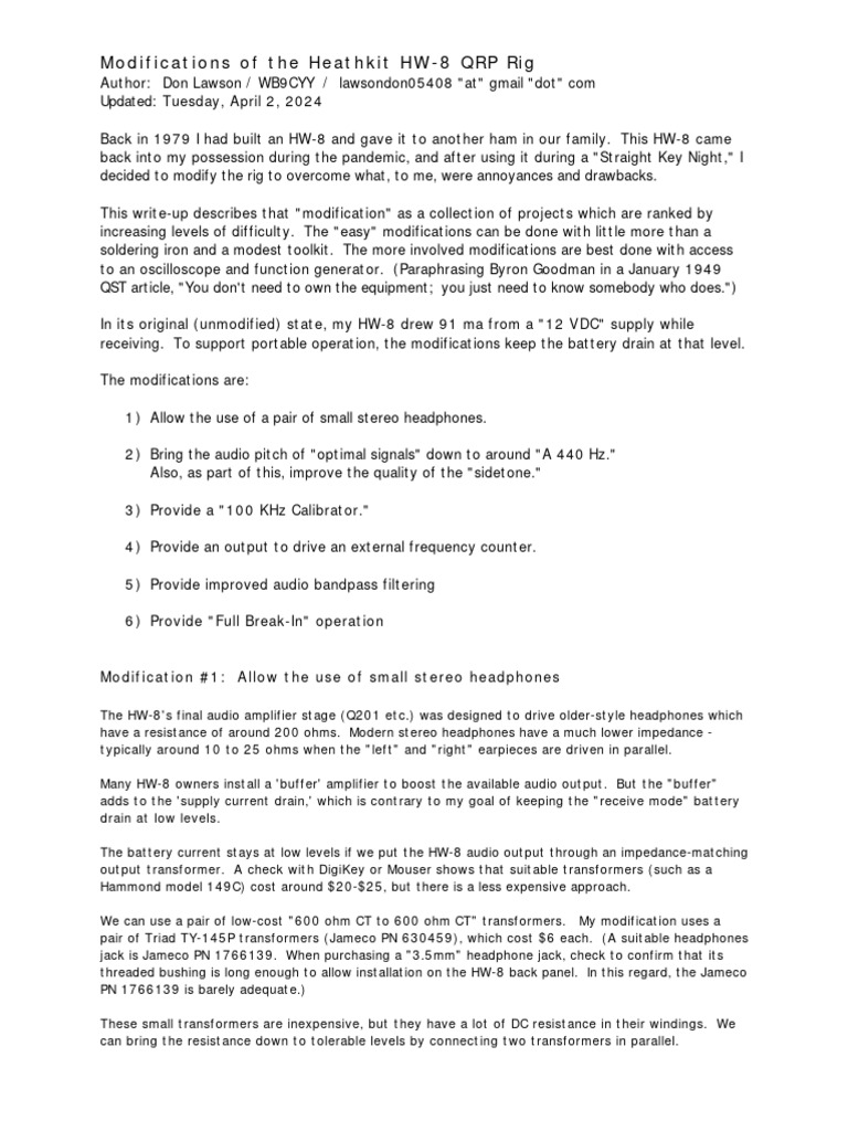HW-8 QRP Rig Modifications Guide | PDF | Relay | Electronic Oscillator