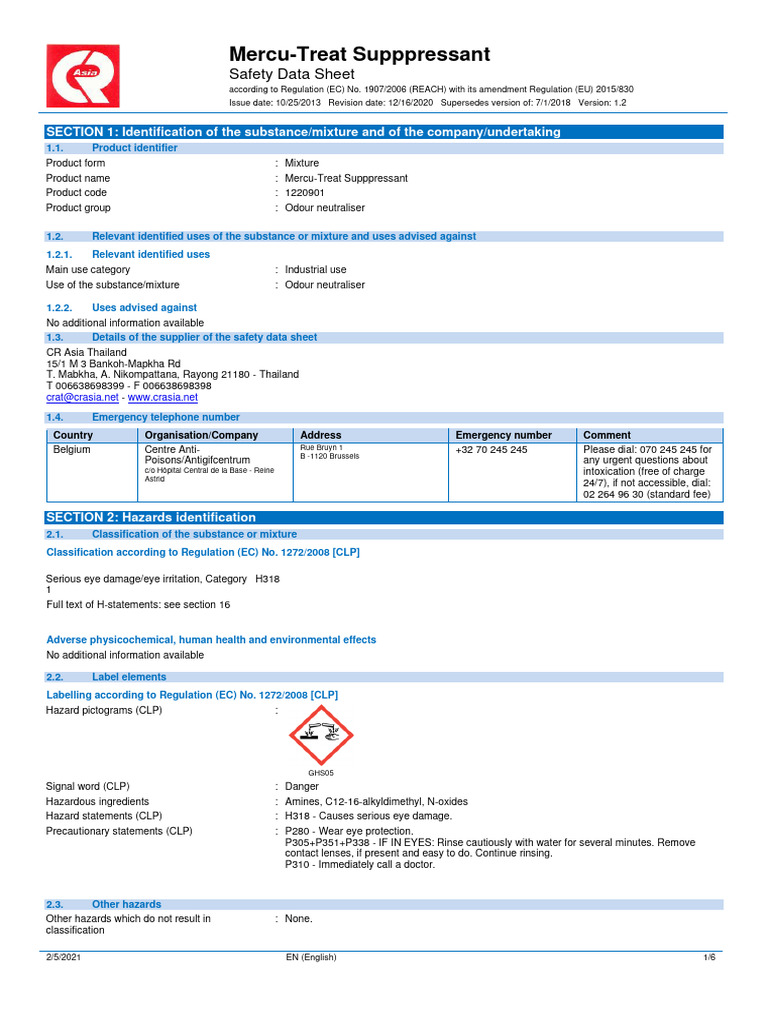 MSDS Mercu Treat Suppresant CLP E | PDF | Toxicity | Dangerous Goods