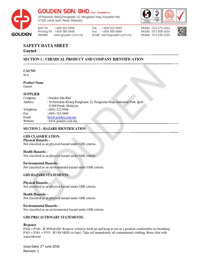 Sds Garnet en | PDF | Personal Protective Equipment | Firefighting