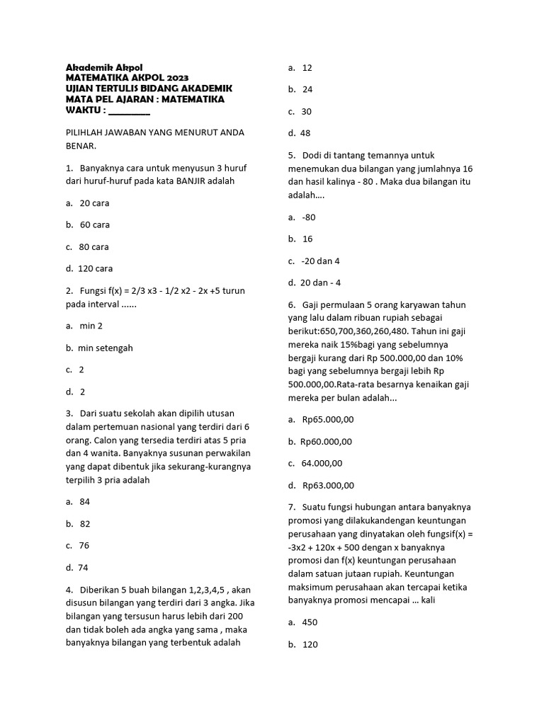 Soal Akademik MTK Akpol 1 | PDF