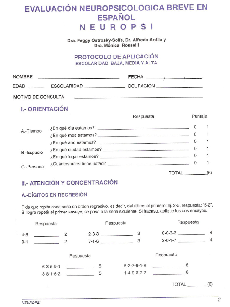 Cuadernillo de Aplicación. Neuropsi | PDF