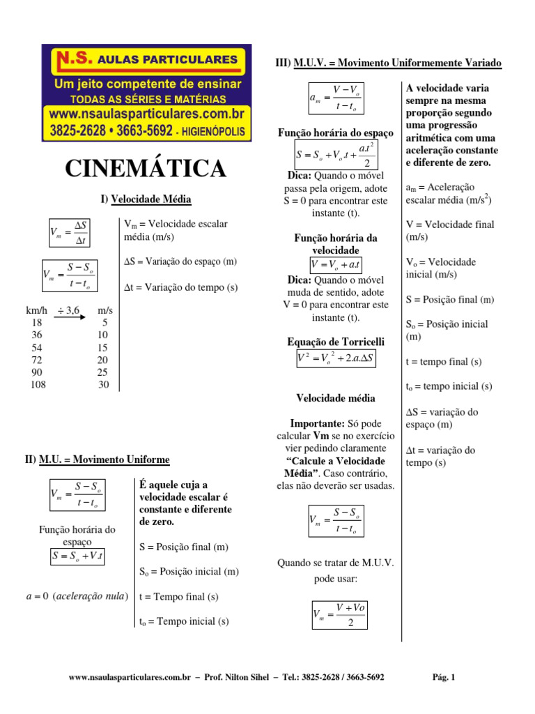Cinematica Velocidade Media MU e MUV Resumo | PDF | Velocidade | Cinemática