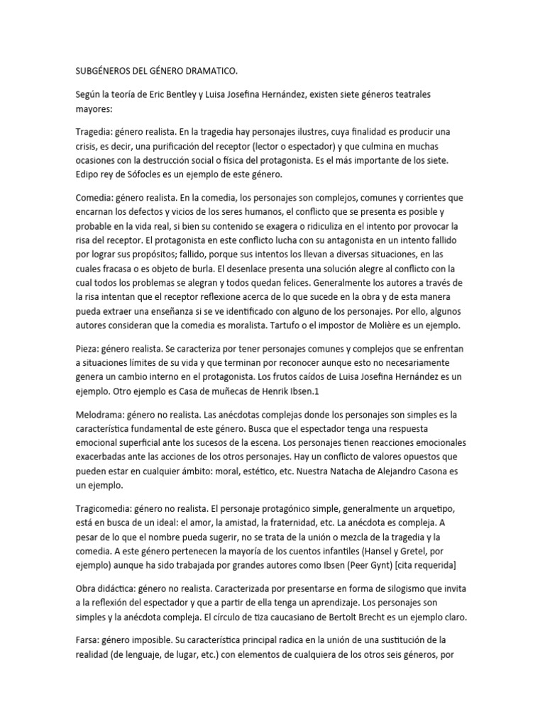 Subgéneros del Teatro Dramático | PDF | Comedia | Tragedia