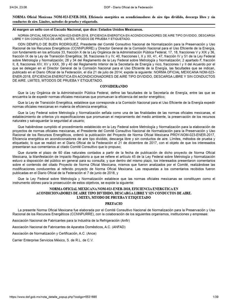 NORMA Oficial Mexicana NOM-023-ENER-2018 | PDF | Aire acondicionado ...